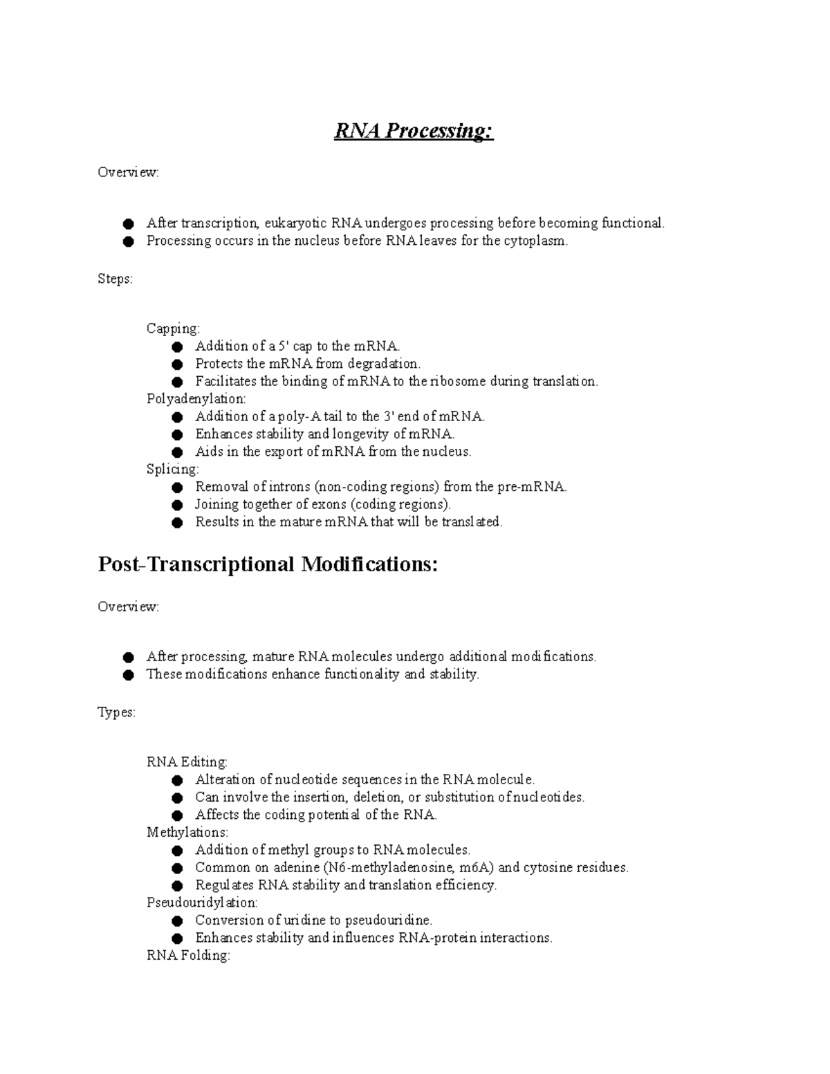 RNA Processing - RNA Processing: Overview: After transcription ...