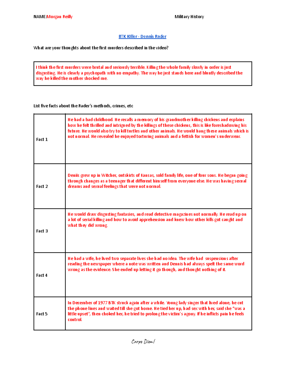 BTK Killer Video Worksheet - NAME:Morgan Reilly Military History BTK ...