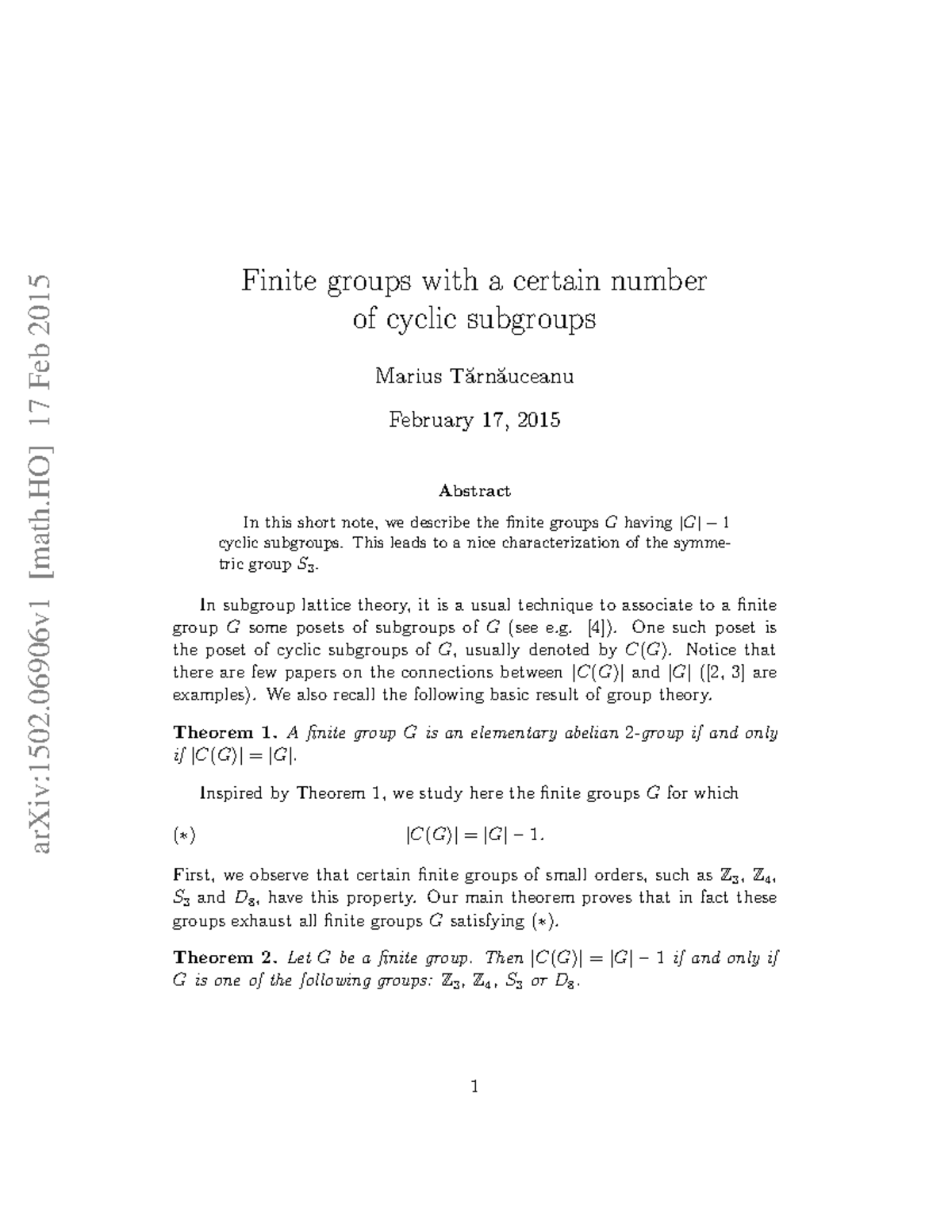1502 - Cours - arXiv:1502 [math] 17 Feb 2015 Finite groups with a certain number of cyclic ...