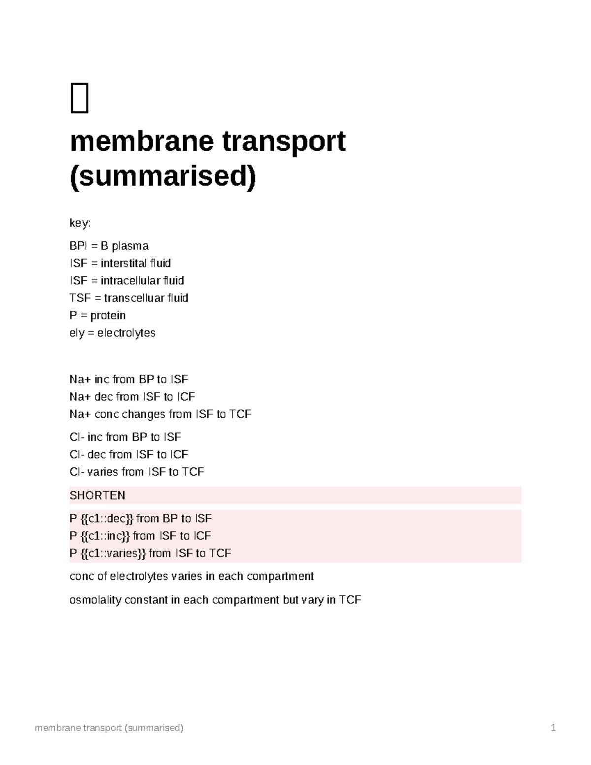 Membrane transport and body fluids (summarised) - lecture topic 2 ...