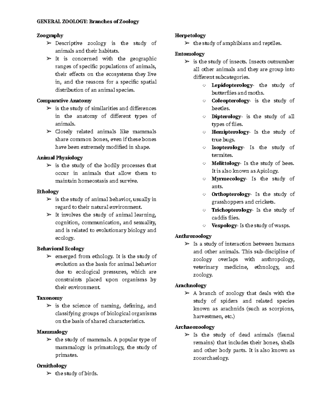 General Zoology Branches of Zoology - GENERAL ZOOLOGY: Branches of ...
