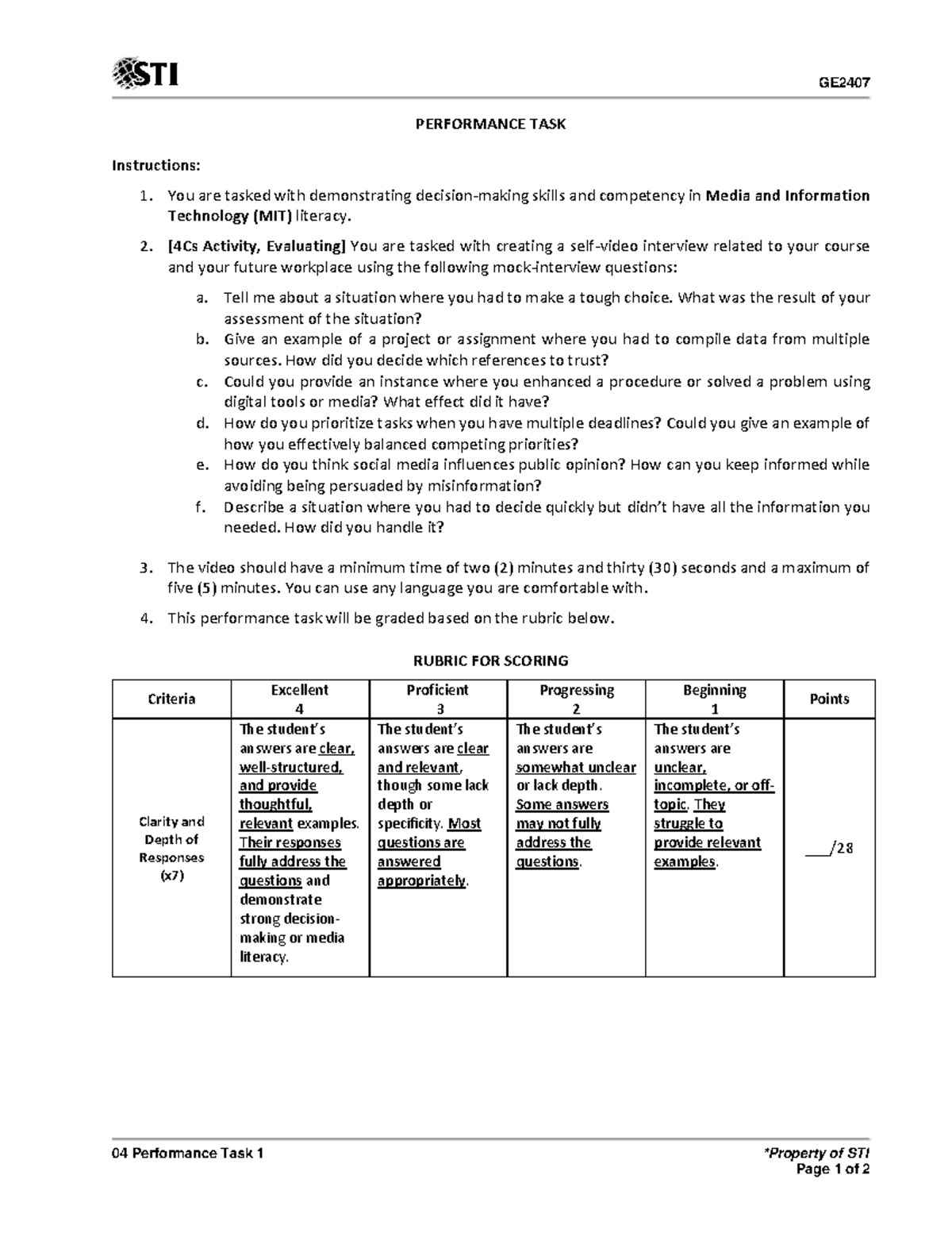 04 Performance Task 1 - hah - GE 2407 04 Performance Task 1 *Property of STI Page 1 of 2 ...