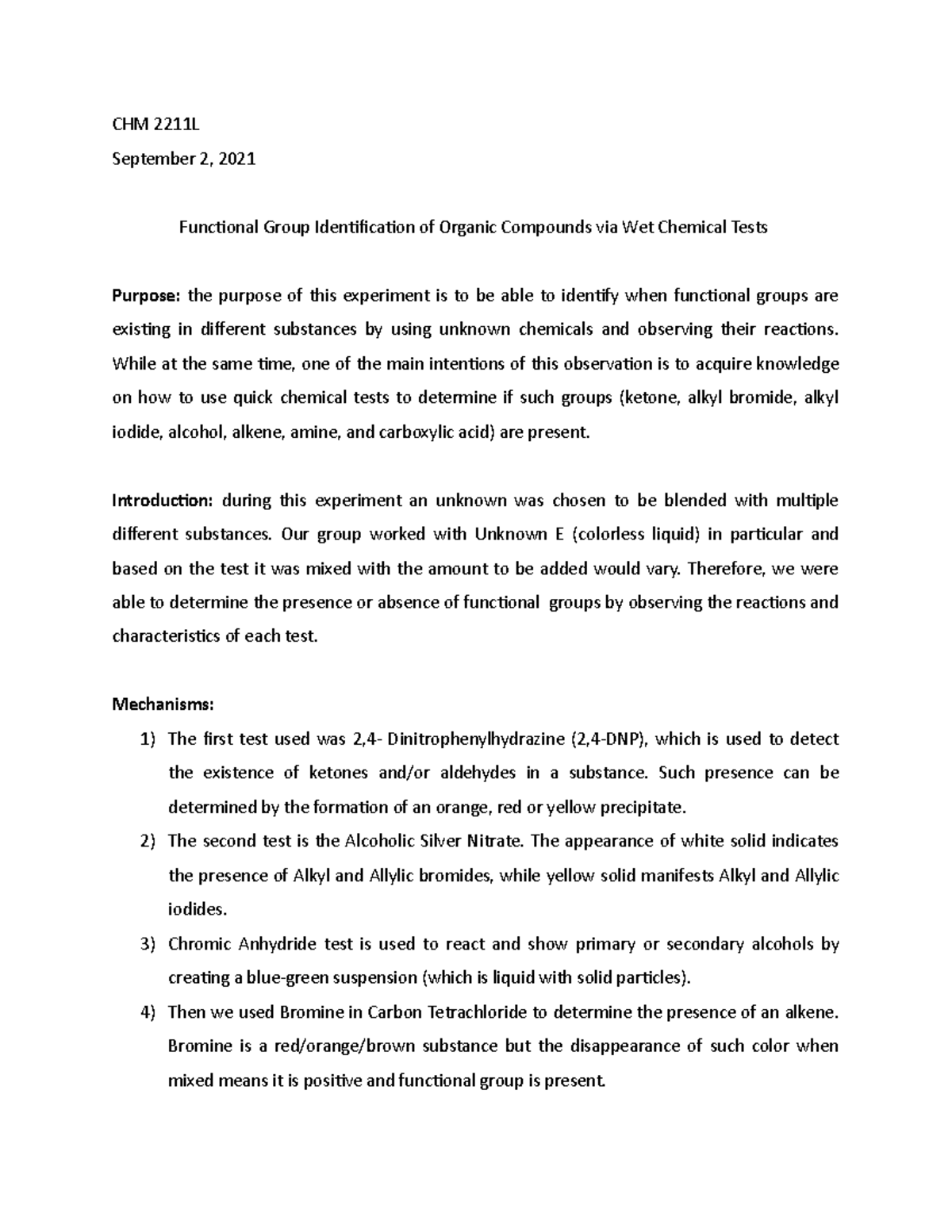 Functional Group Identification of Organic Compounds via Wet Chemical ...