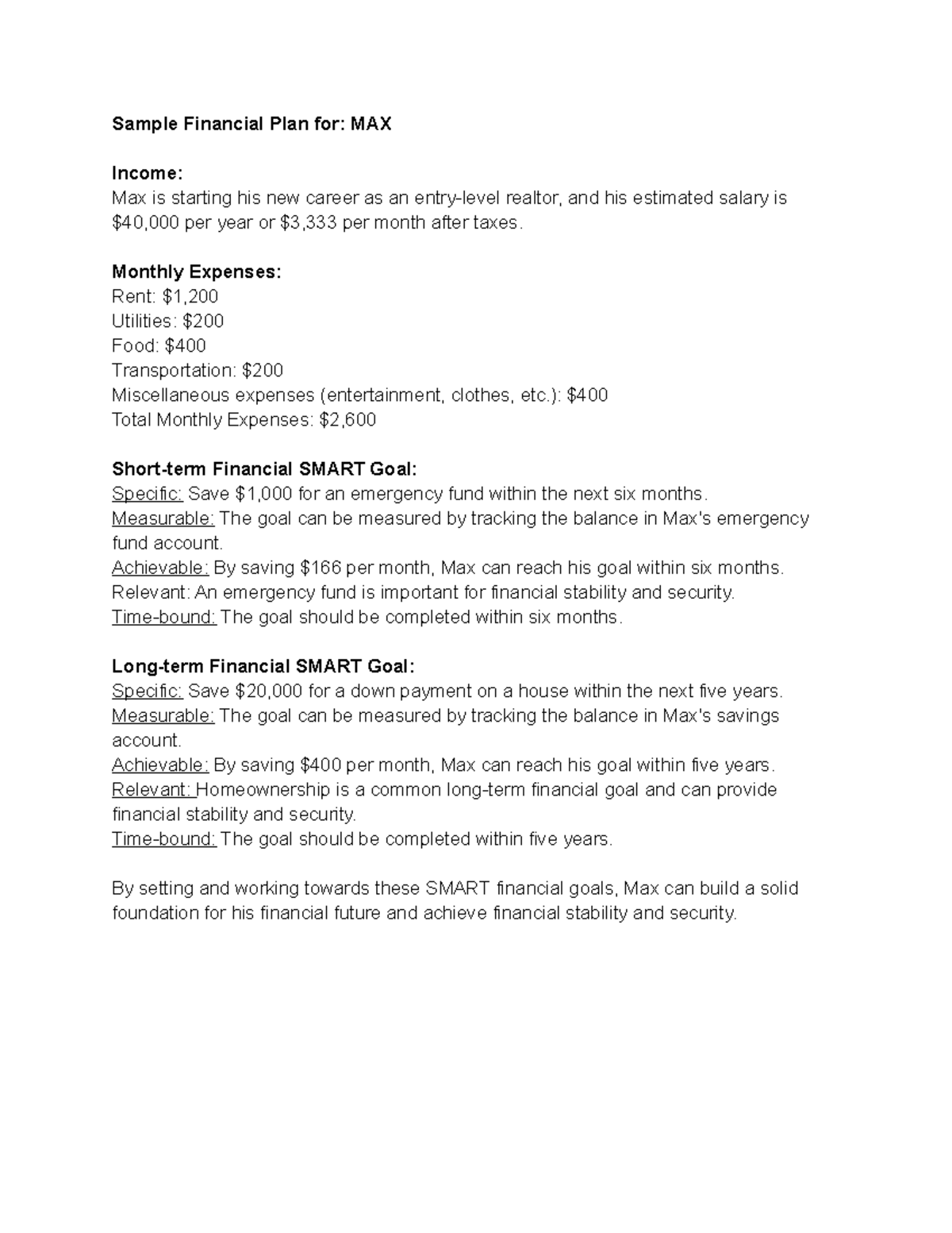 HDF418 Financial Plan for Max - Sample Financial Plan for: MAX Income ...