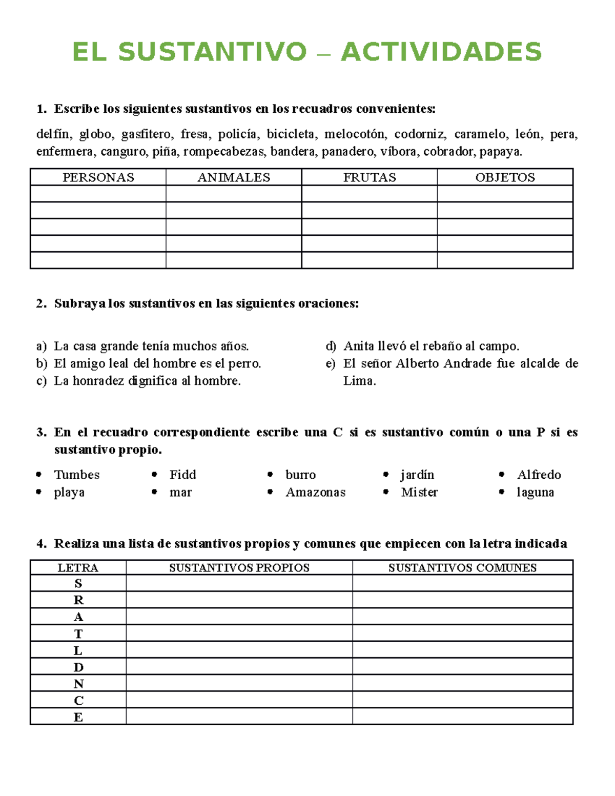 Sustantivos - ..... - EL SUSTANTIVO – ACTIVIDADES 1. Escribe los ...