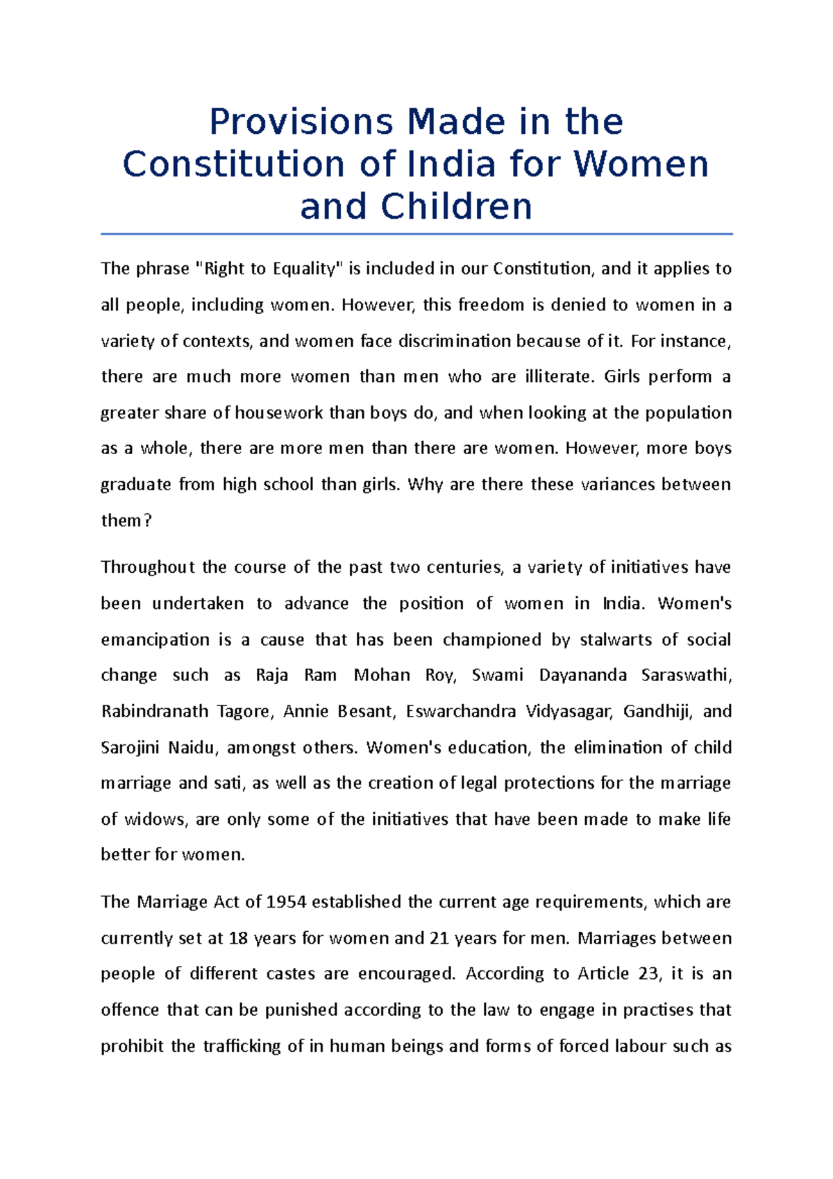 Provisions Made in the Constitution of India for Women and Children ...