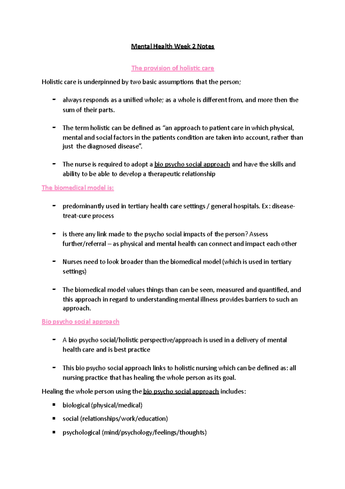 Mental Health Week 2 Notes - Mental Health Week 2 Notes The provision ...