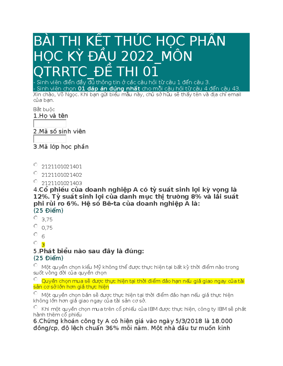 Thi KTHP QTRR hk1 2022 - BÀI THI KẾT THÚC HỌC PHẦN HỌC KỲ ĐẦU 2022_MÔN QTRRTC_ĐỀ THI 01 - Sinh ...