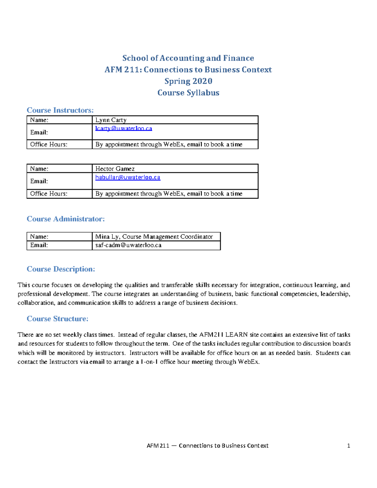 AFM211 Course Outline S20 - Warning: TT: undefined function: 32 Warning: TT: undefined function ...