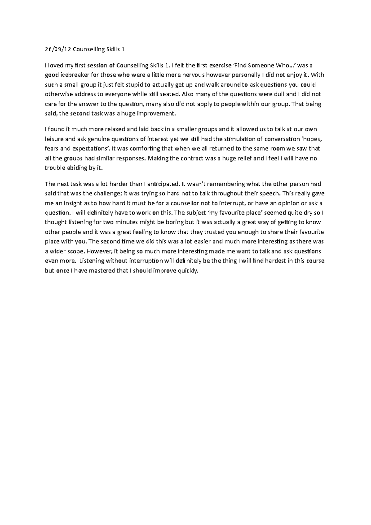 Counselling skills learning log example - 26/09/12 Counselling Skills 1 ...