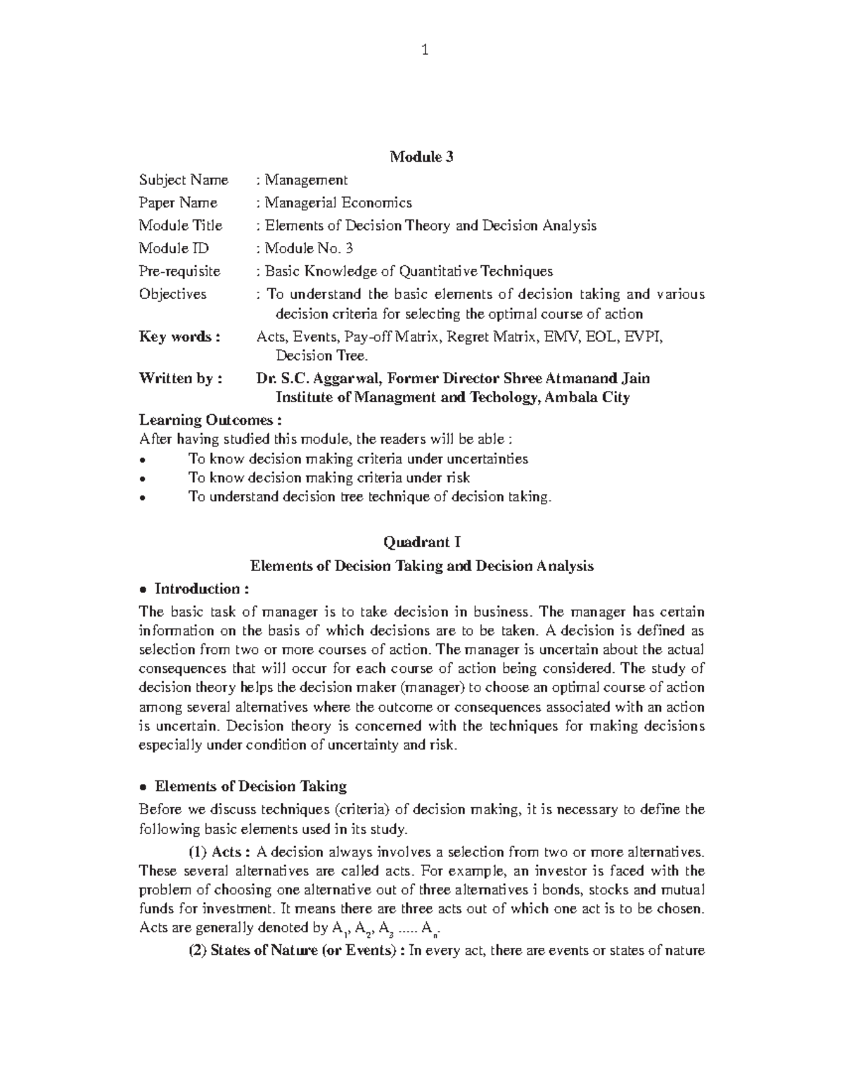 Decision Making - Module 3 Subject Name : Management Paper Name ...