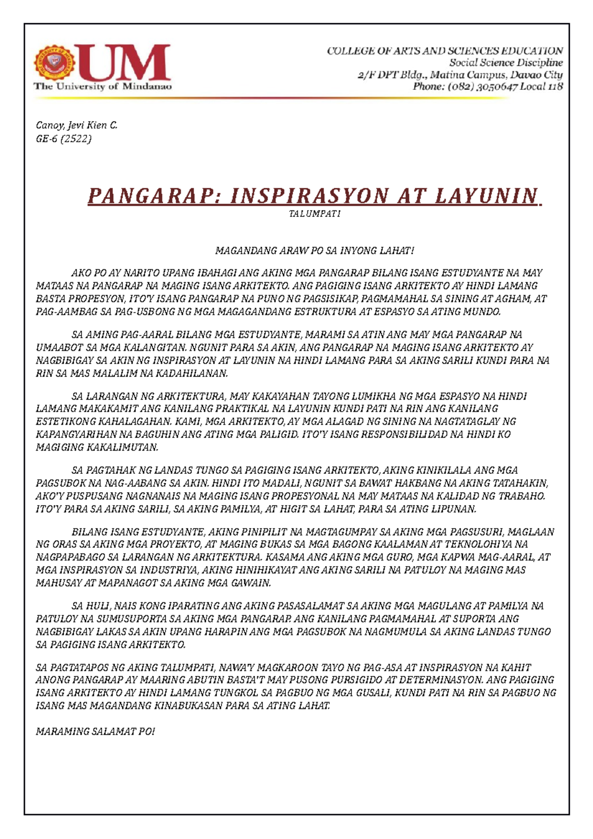 Talumpati 2 - speech about dreams - Canoy, Jevi Kien C. GE-6 (2522) PA ...