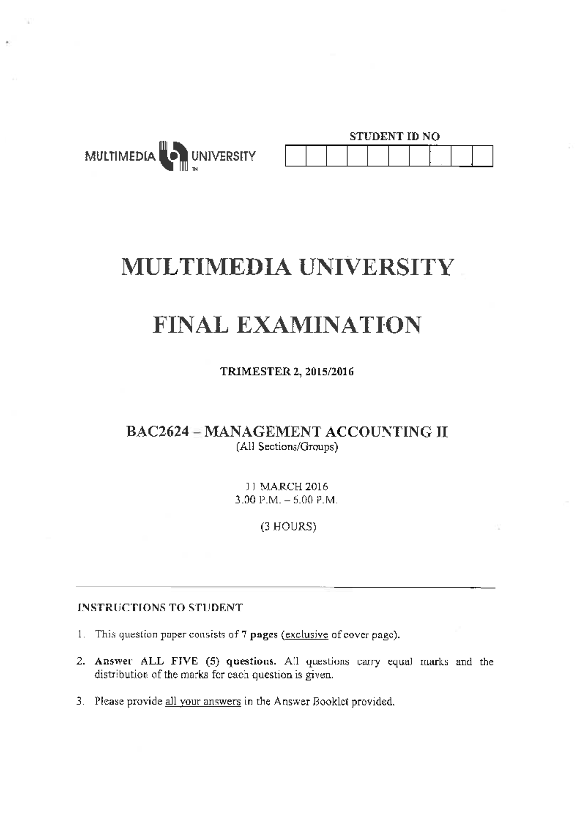 39495 - Past Year Question - STUDENT ID NO MULTIMEDIA UNIVERSITY TM ...