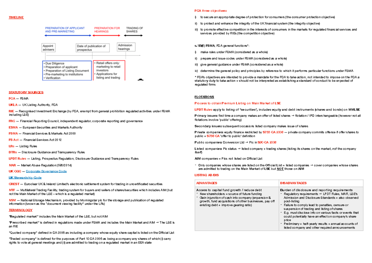 Corporate Finance BPP Notes 2021/22 - TIMELINE STATUTORY SOURCES FCA ...