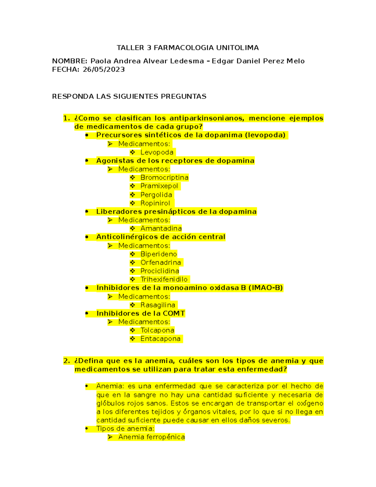 Taller 3 Farmacologia OK - TALLER 3 FARMACOLOGIA UNITOLIMA NOMBRE ...