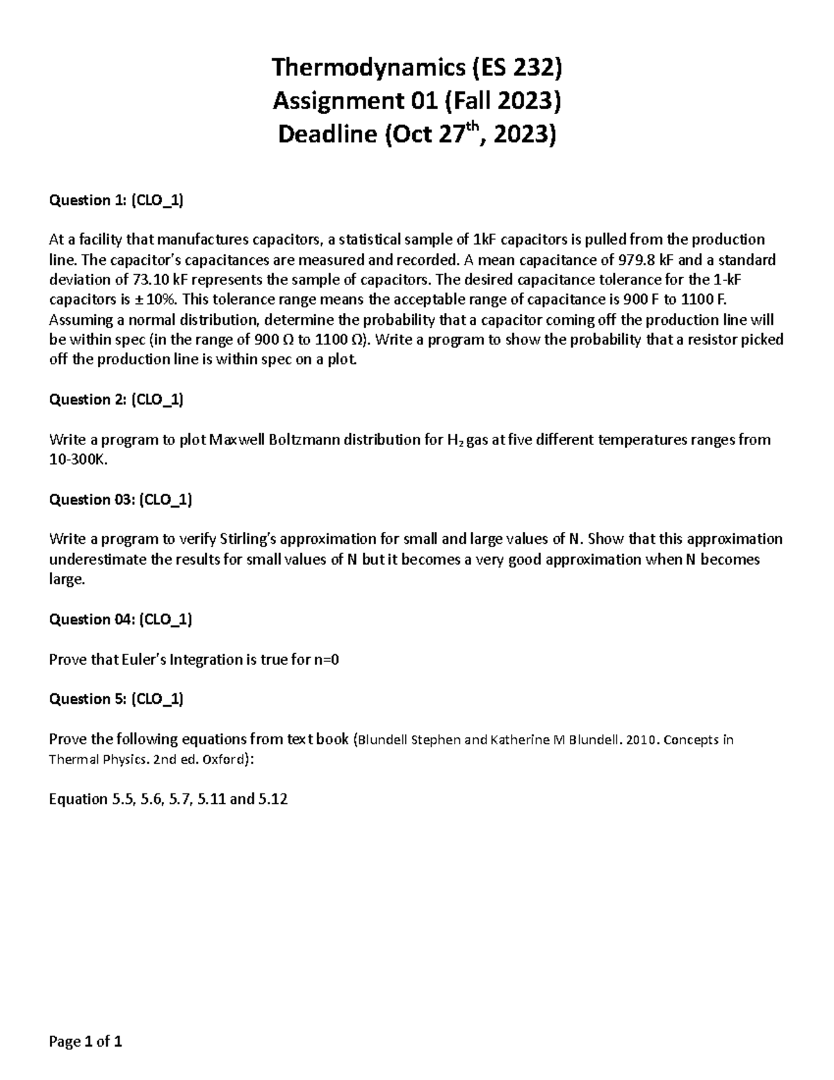 Assignment 01 - Thermo - good - Thermodynamics (ES 232) Assignment 01 ...