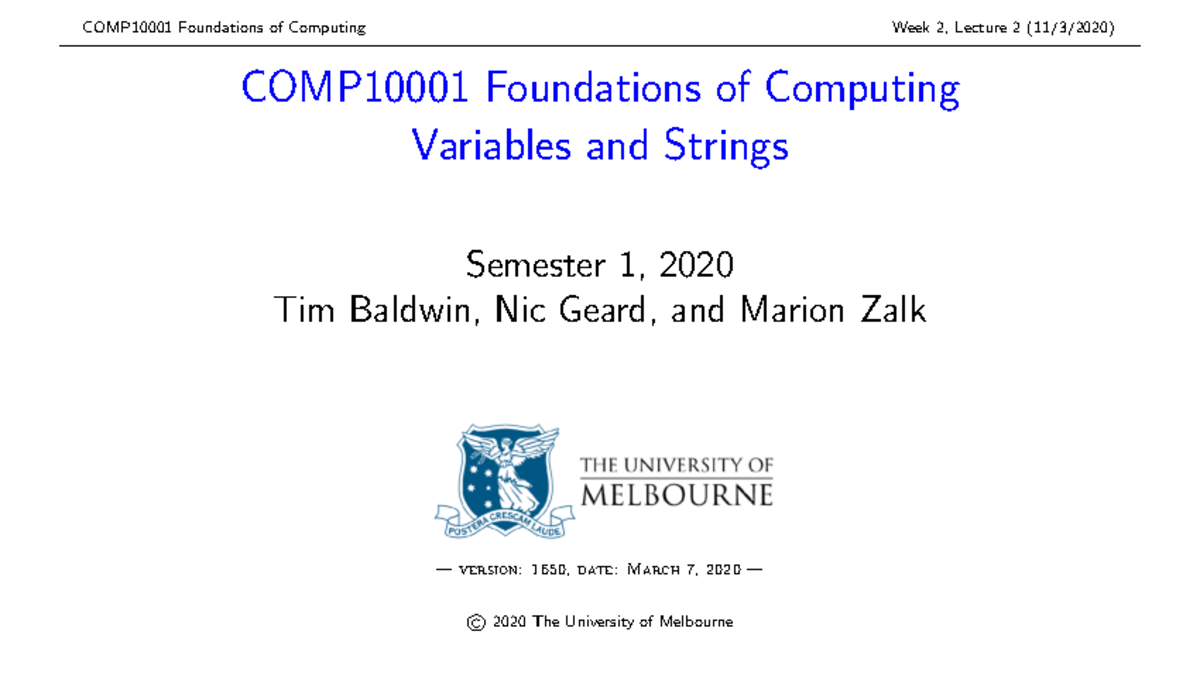 5. Variables and Strings - COMP10001 Foundations of Computing Variables and Strings Semester 1 ...