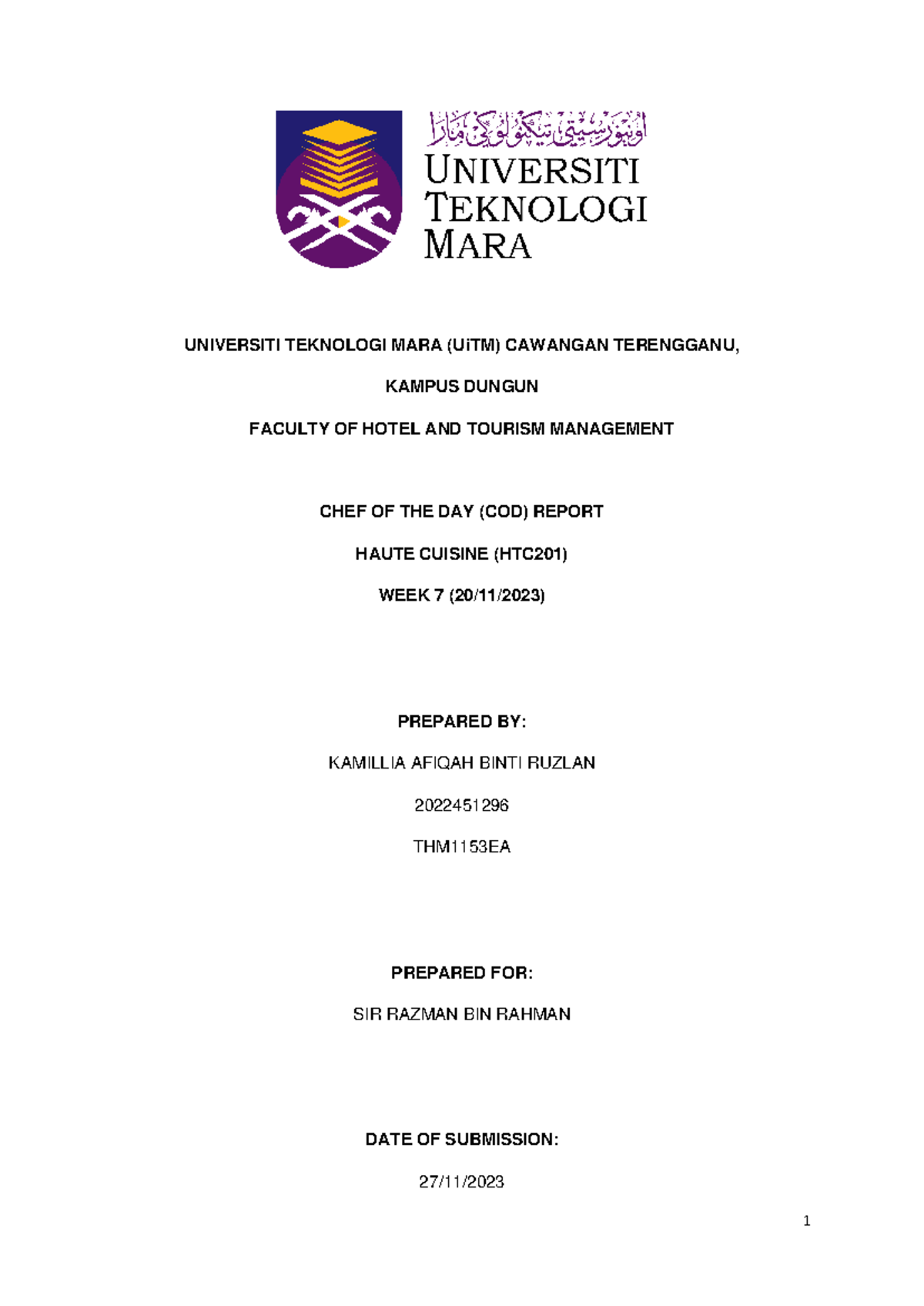 HTC201 COD Report Example - UNIVERSITI TEKNOLOGI MARA (UiTM) CAWANGAN ...