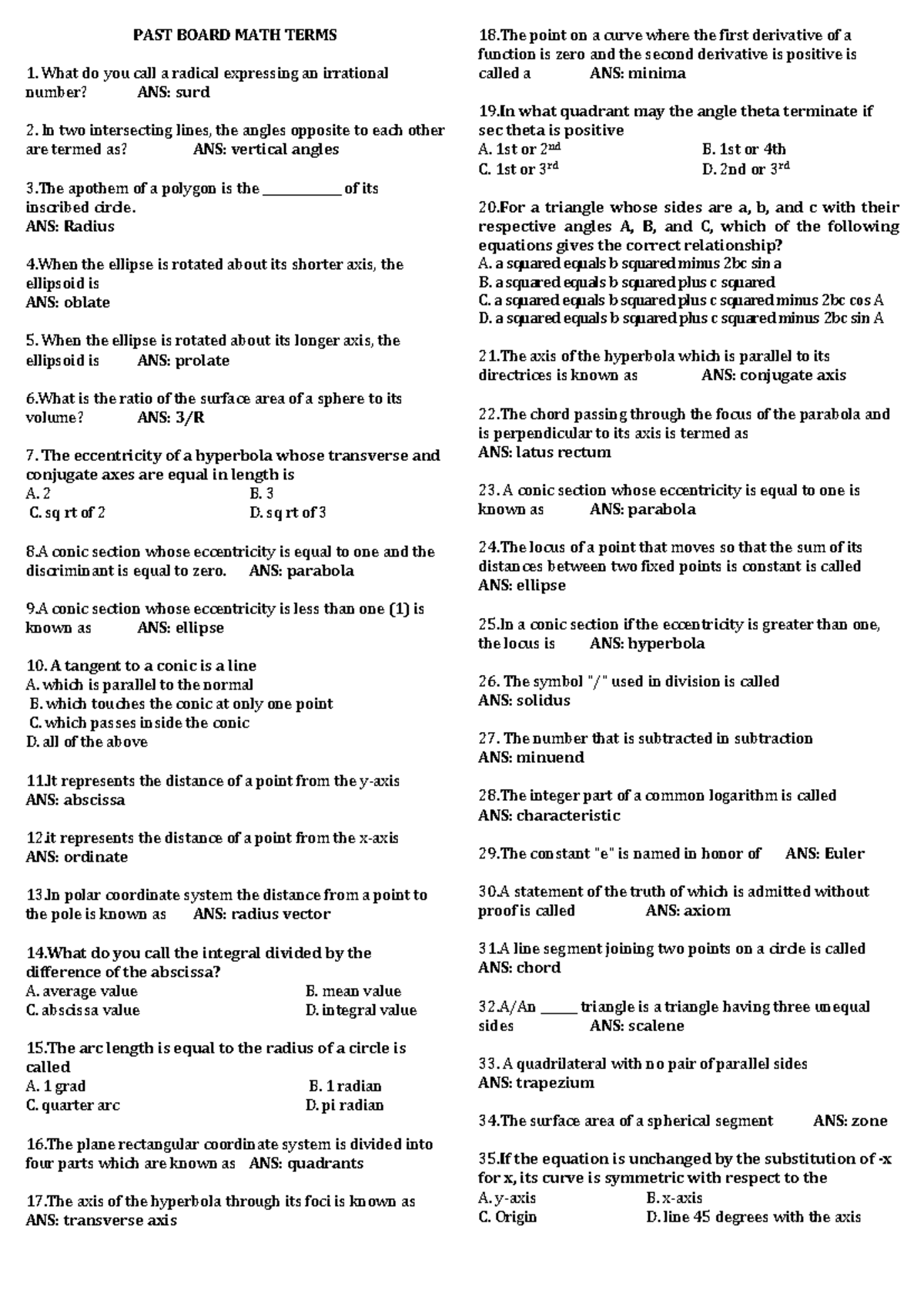 TERMS AND DEFINITIONS - PAST BOARD MATH TERMS What do you call a ...