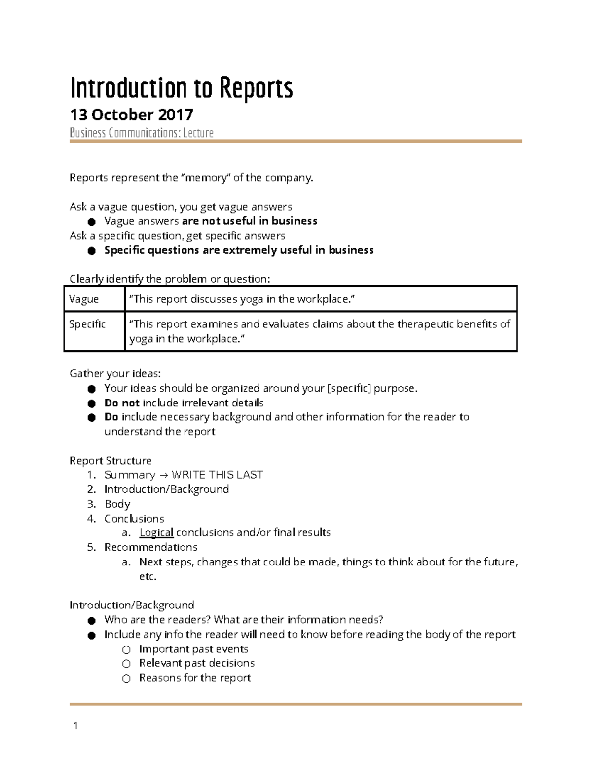 Lecture 4: Intro to Reports - Introduction to Reports 13 October 2017 ...