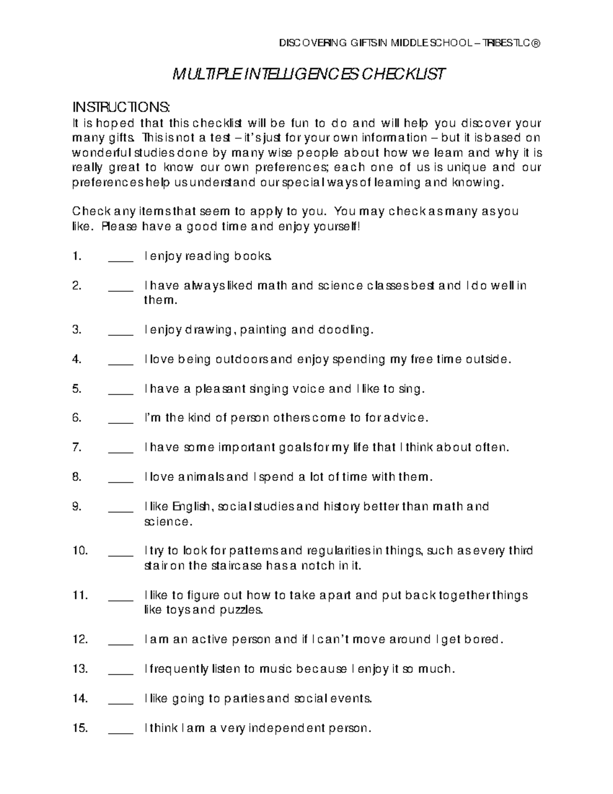 Multiple Intelligences Checklist - M ULTIPLE INTELLIG ENC ES C HEC ...
