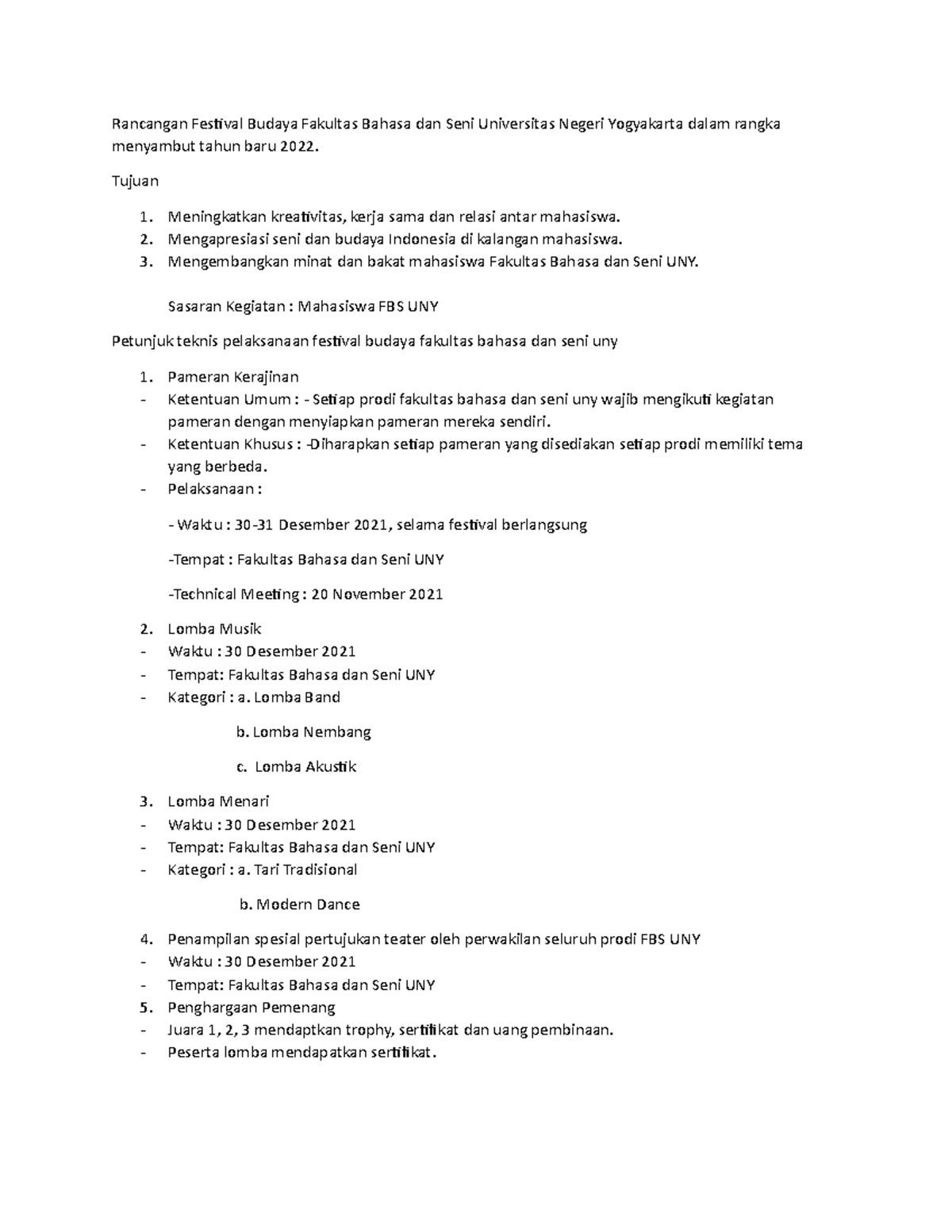 Rancangan Proposal Bahasa Indonesia - Rancangan Festival Budaya ...