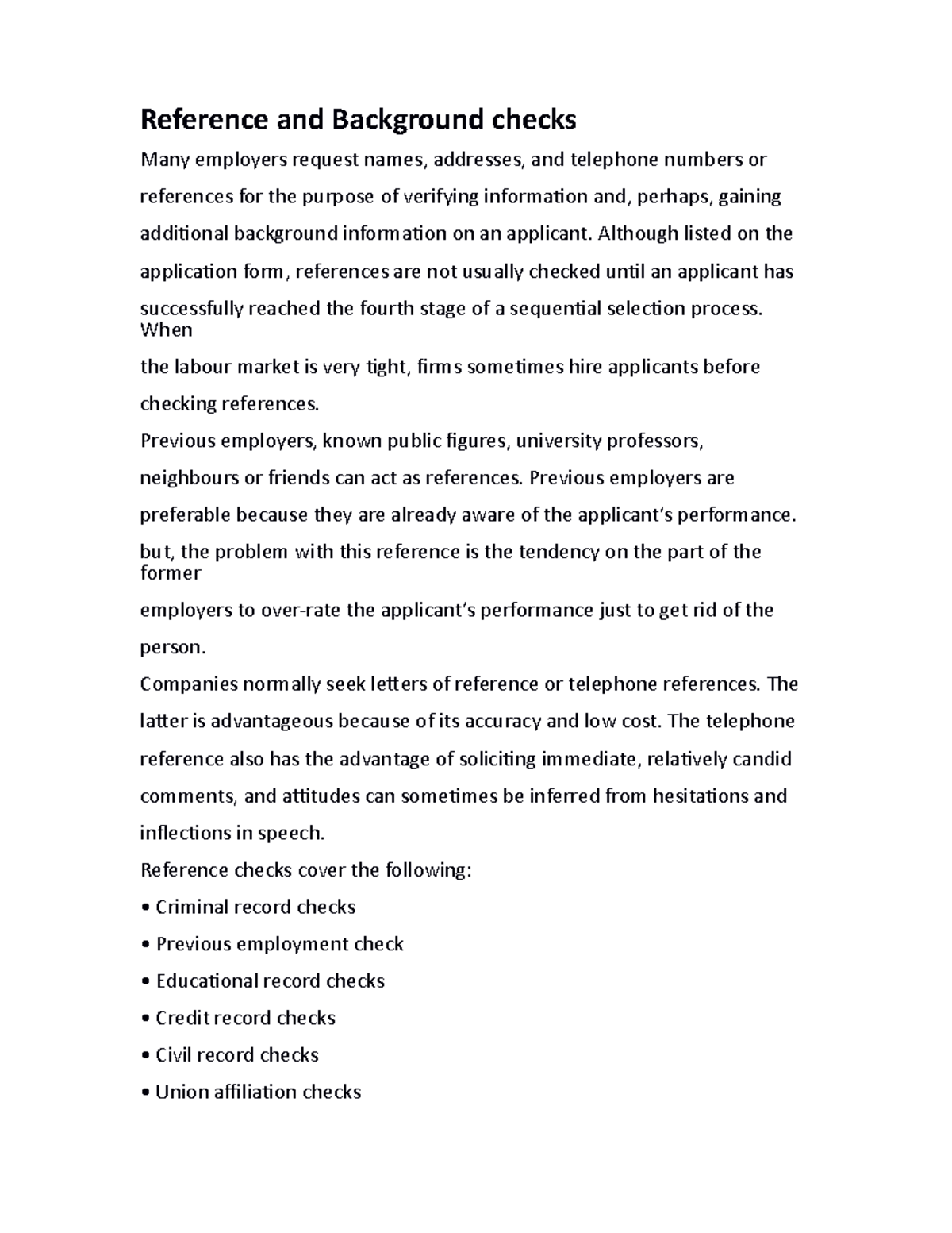 Reference and Background checks notes - Reference and Background checks ...