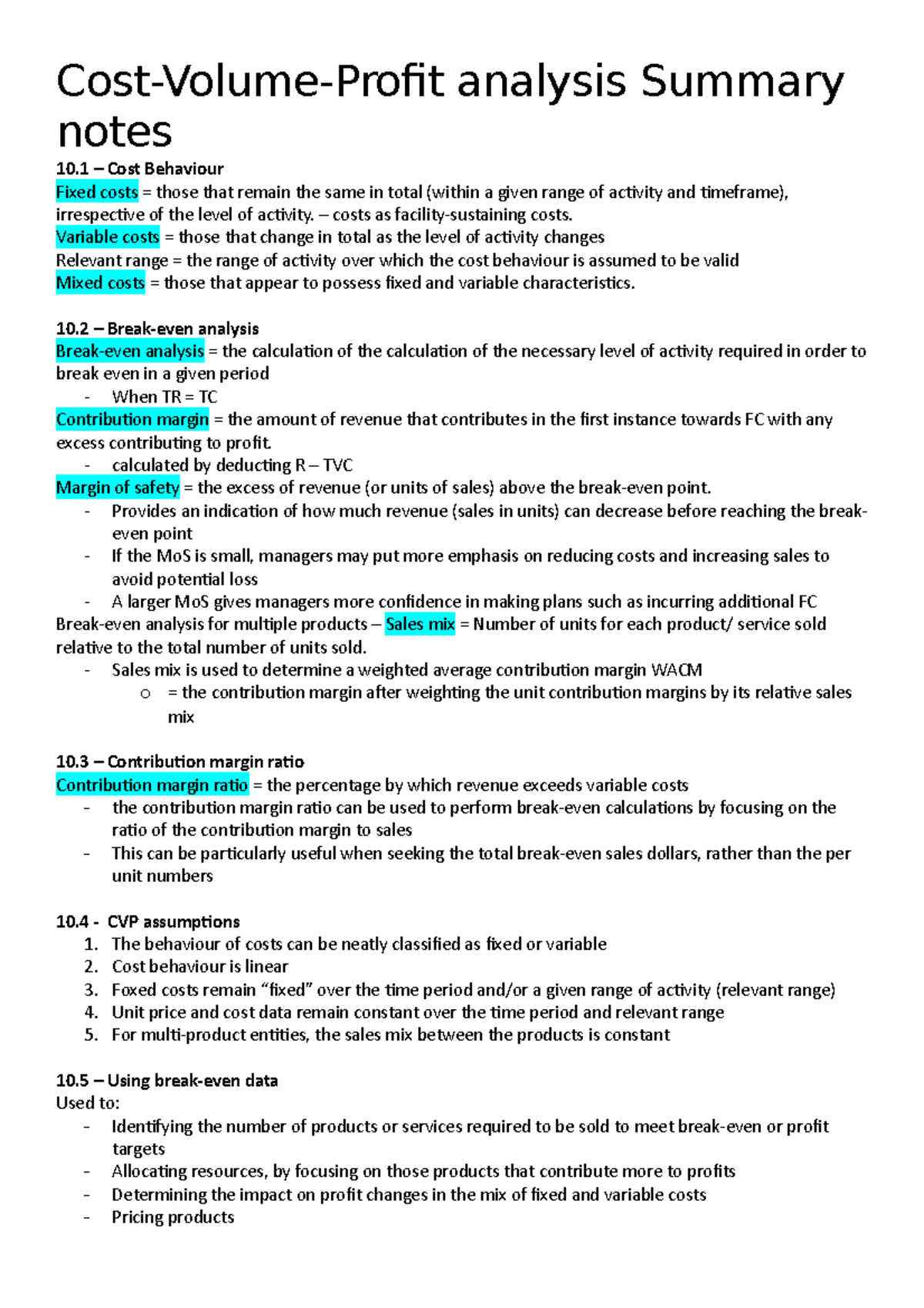 CVP accounting summary notes - Cost-Volume-Profit analysis Summary ...