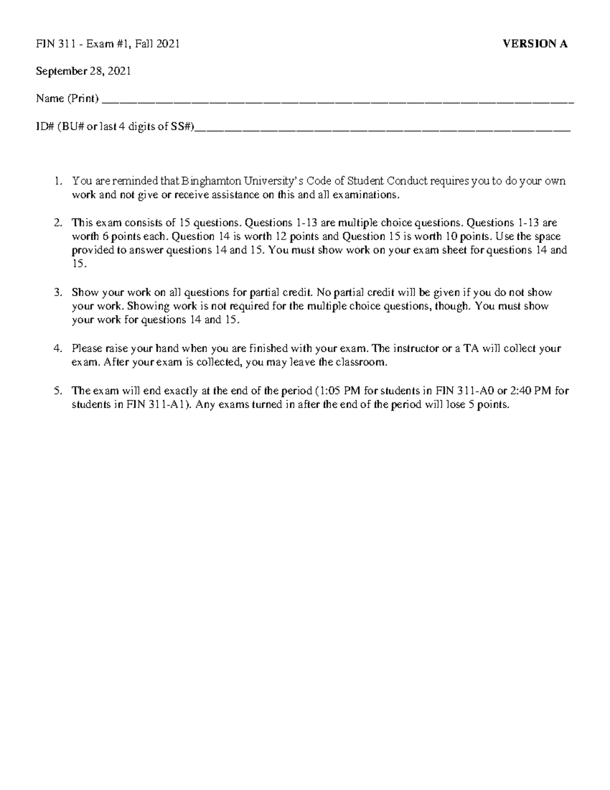 FIN311 Exam 1 - Practice Test 2 - FIN 311 - Exam #1, Fall 2021 VERSION ...