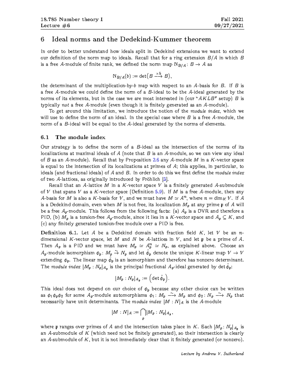 Number Theory I Lecture 6 - 18 Number theory I Lecture # Fall 2021 09 ...