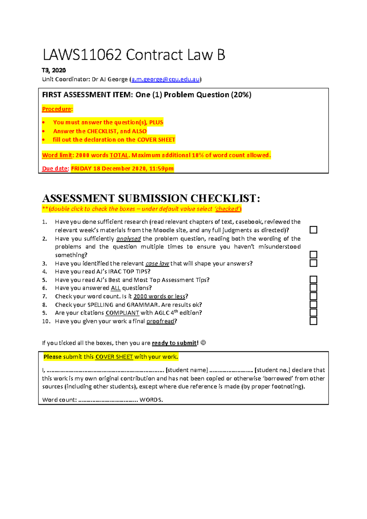 Contract B - Assessment 1 - Problem Facts Answer Guide - LAWS11062 ...