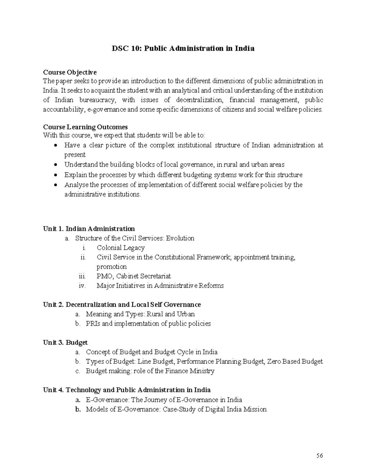 Syllabus sem4 - DSC 10: Public Administration in India Course Objective ...