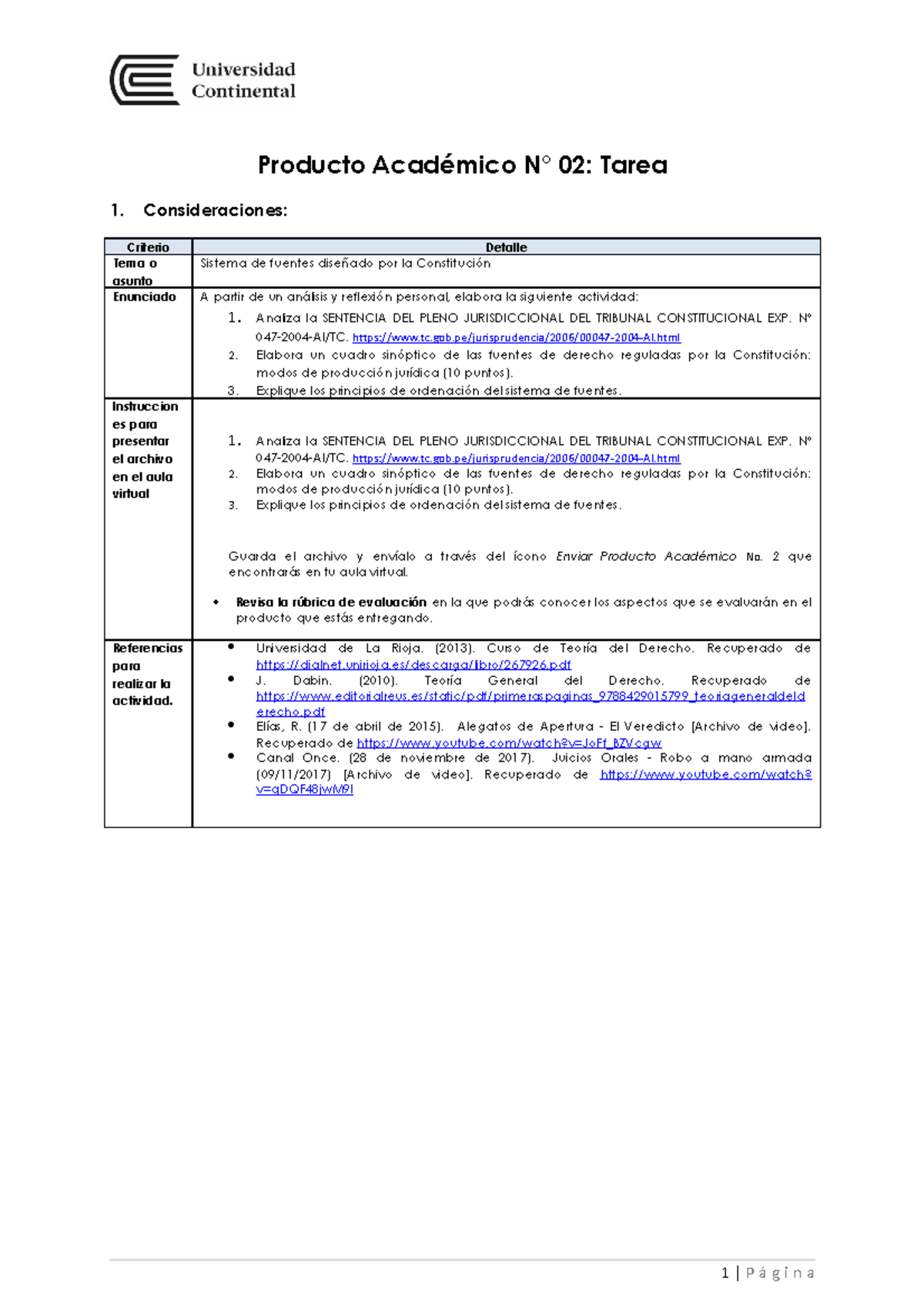 PA2- Tarea - Productos académicos - Producto Académico N° 02: Tarea 1. Consideraciones: Criterio ...