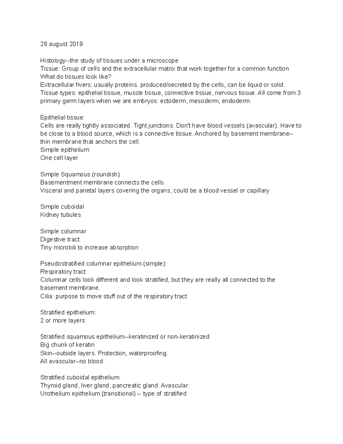 28 august 2019 - Lecture notes 5 - 28 august 2019 Histology-the study ...