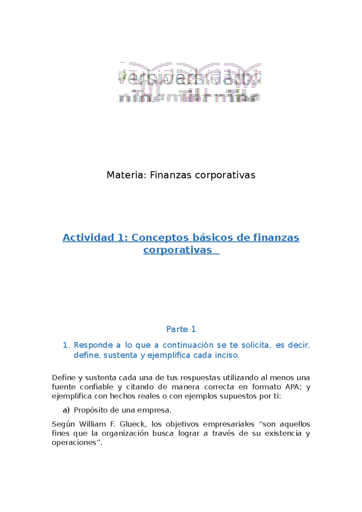 Actividad 1 Finanzas corporativas - Materia: Finanzas corporativas Actividad 1: Conceptos ...