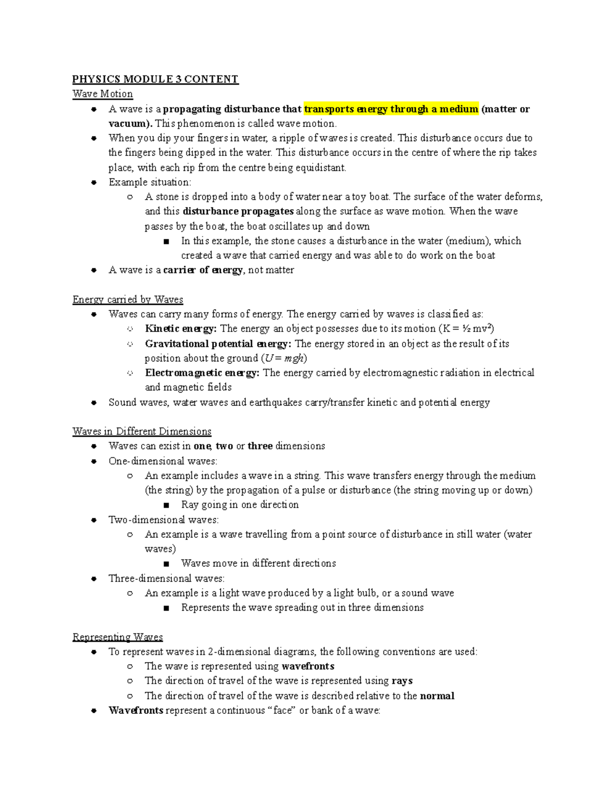 Physics Module 3 Content - PHYSICS MODULE 3 CONTENT Wave Motion A wave ...