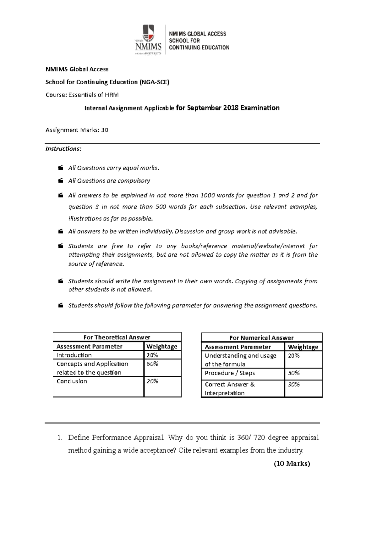 Essentials of HRM - Assignment September 2018 nt Jvi Wjv BR - NMIMS ...