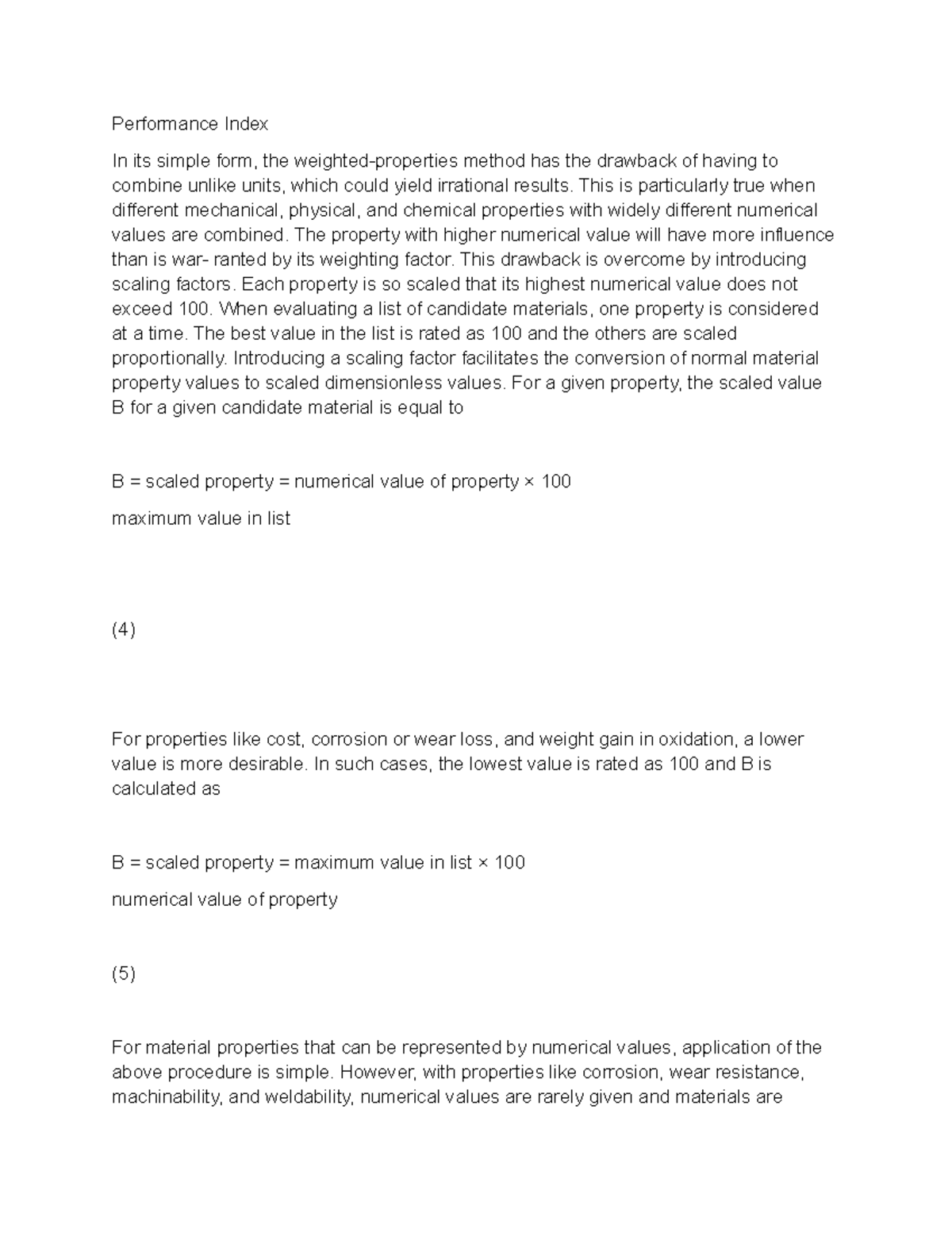 Performance Index In Its Simple Form The Weighted Properties Method