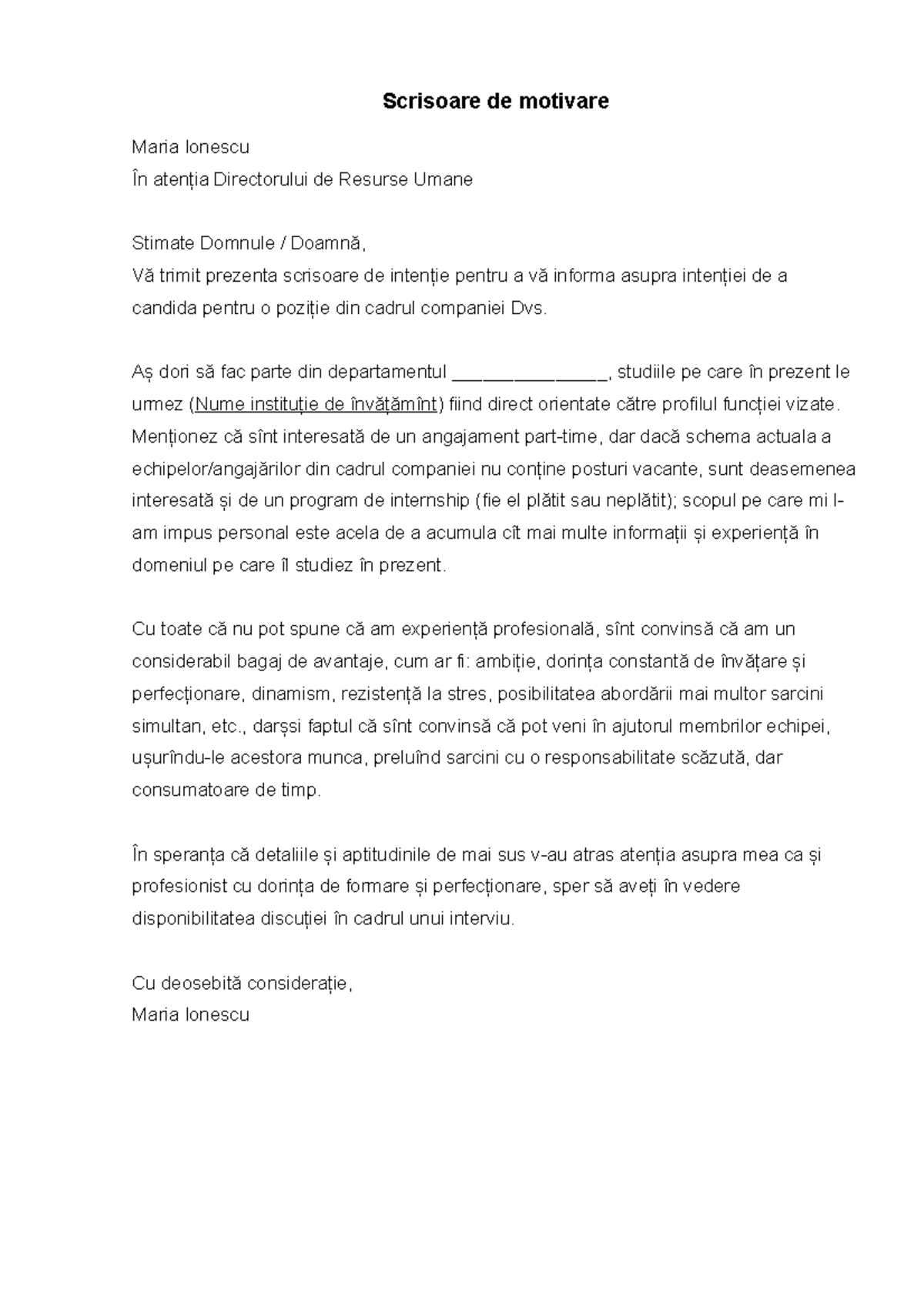 Model 1 Scrisoare de motivare RO - Scrisoare de motivare Maria Ionescu ...