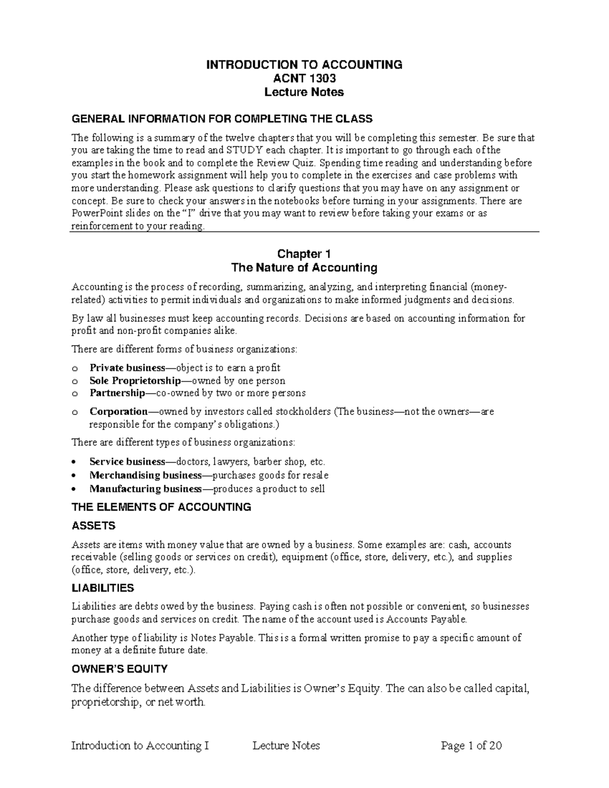 Basic Accounting - INTRODUCTION TO ACCOUNTING ACNT 1303 Lecture Notes ...