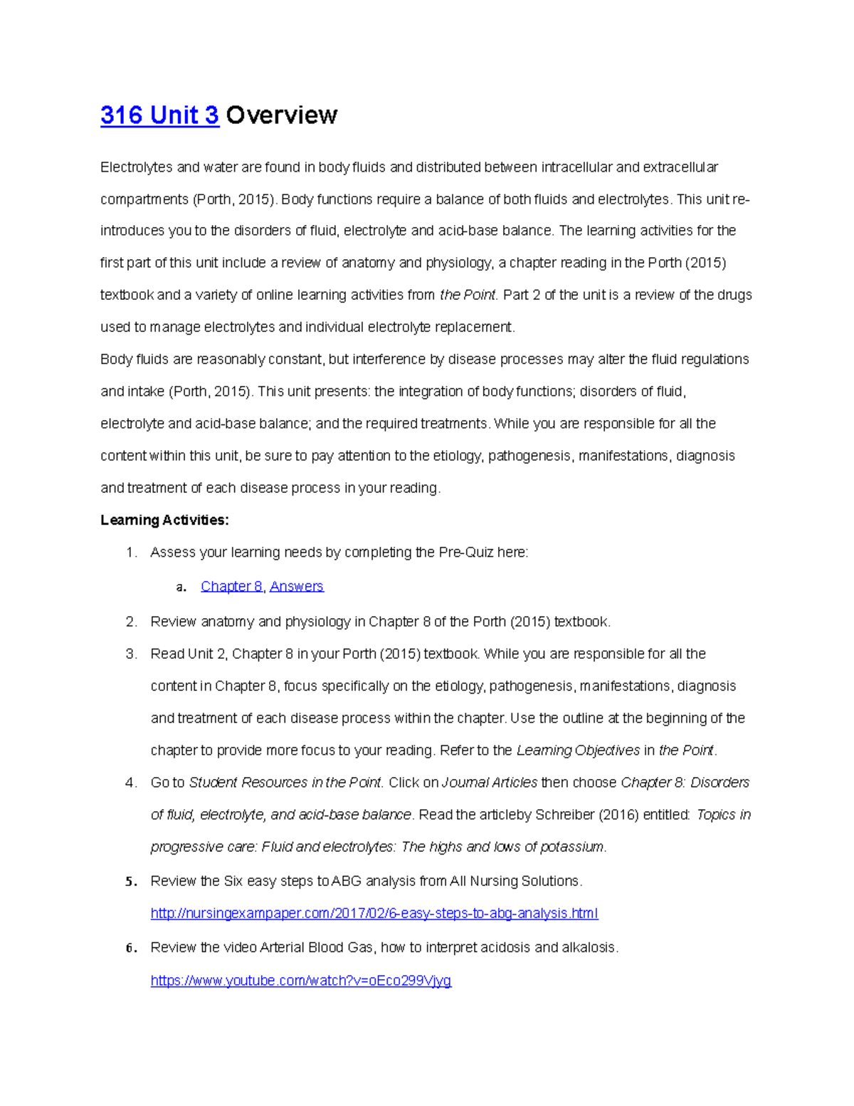 316 Unit 3 - learning objectives - 316 Unit 3 Overview Electrolytes and ...