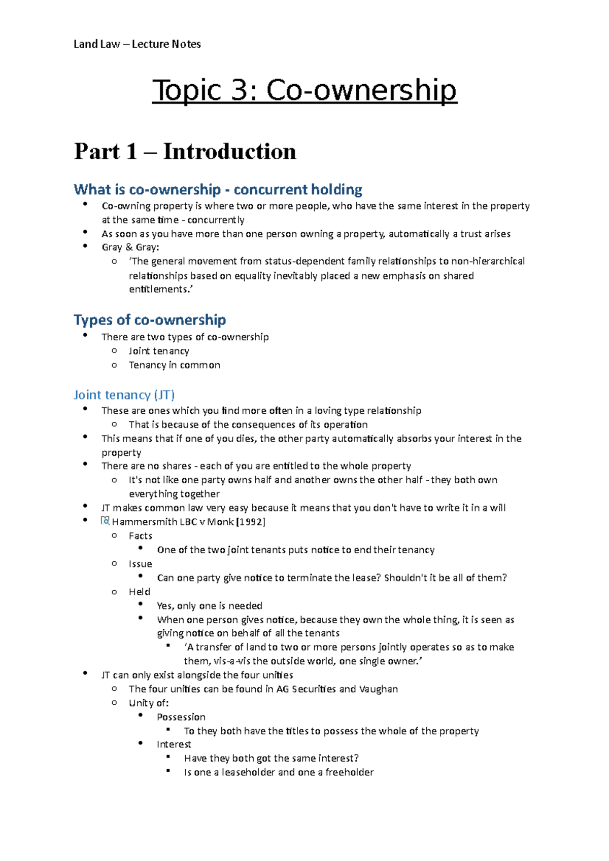 Topic 3- unfinished - Notes - Topic 3: Co-ownership Part 1 ...