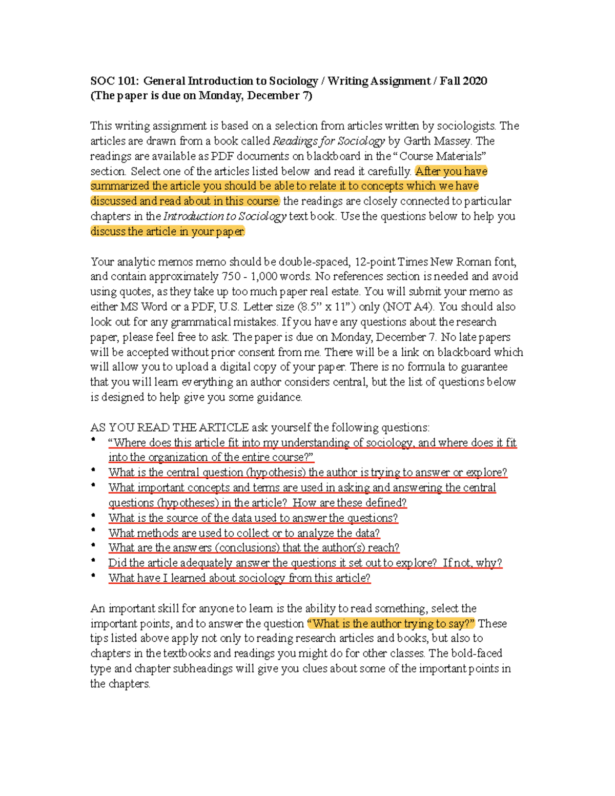 SOC 101 Paper Topic Fall 2020 - SOC 101: General Introduction to ...