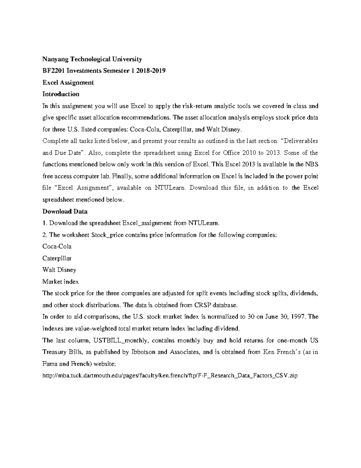 BF2201 Excel assignment 2018 - Nanyang Technological University BF2201 Investments Semester 1 ...