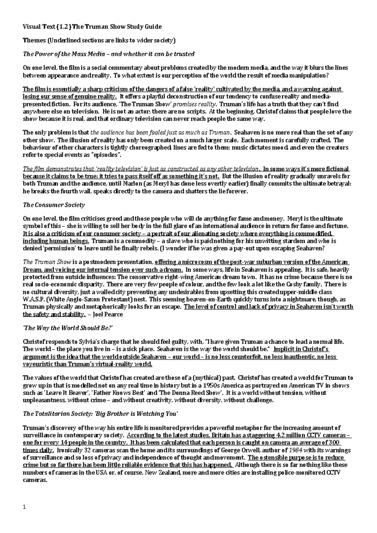 Truman Study Guide - Visual Text (1) The Truman Show Study Guide Themes ...