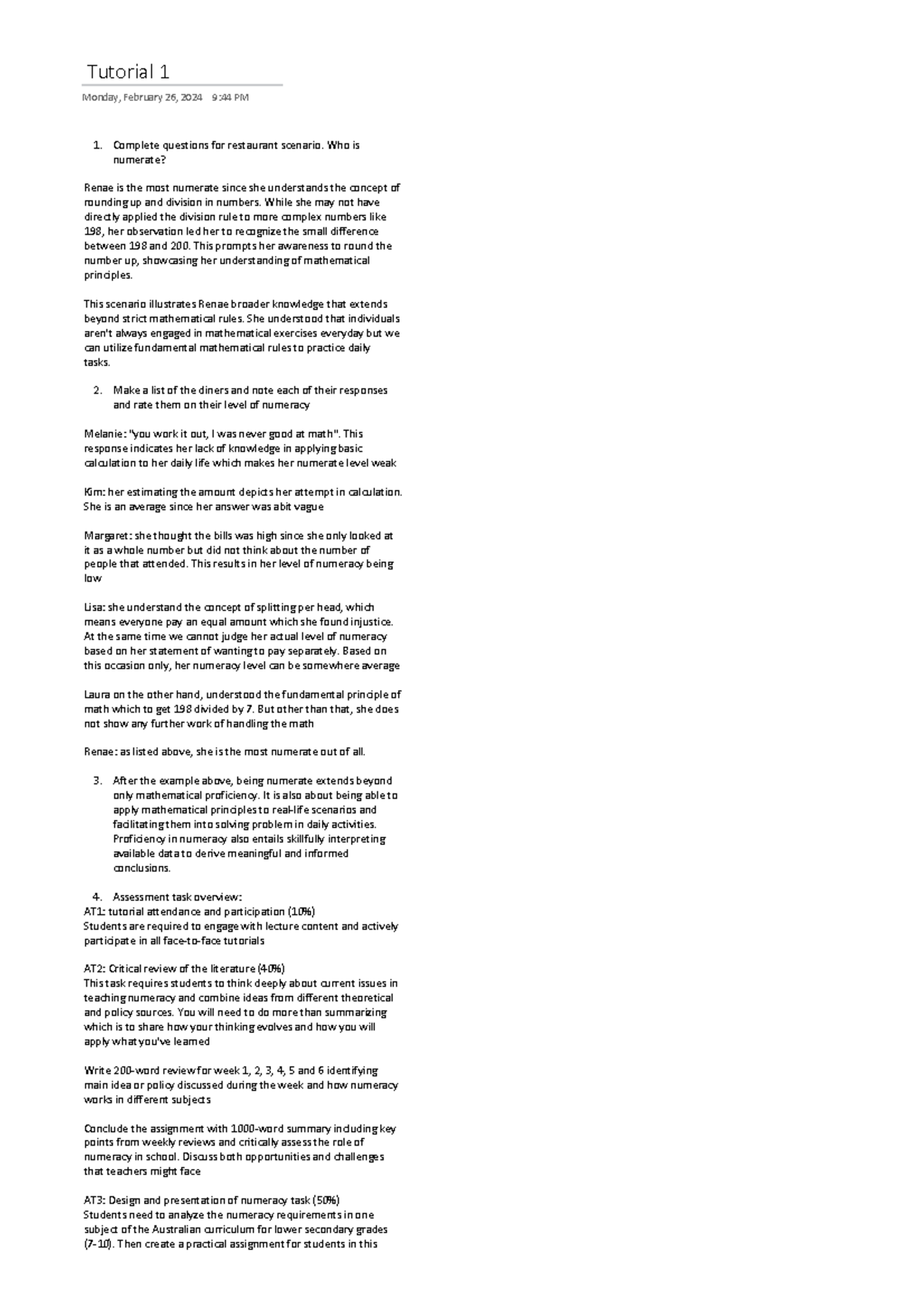 EDUC3602 missed tutorial work - Tutorial 1 Monday, February 26, 2024 9: ...