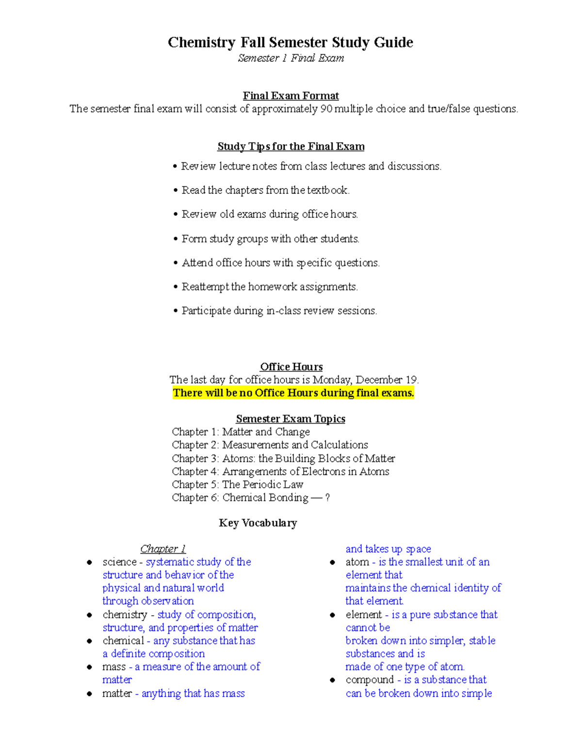 Chem Final - nut - Chemistry Fall Semester Study Guide Semester 1 Final ...
