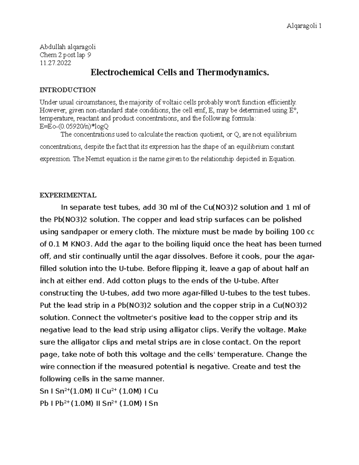 POST LAB 9 template - Abdullah alqaragoli Chem 2 post lap 9 11 ...
