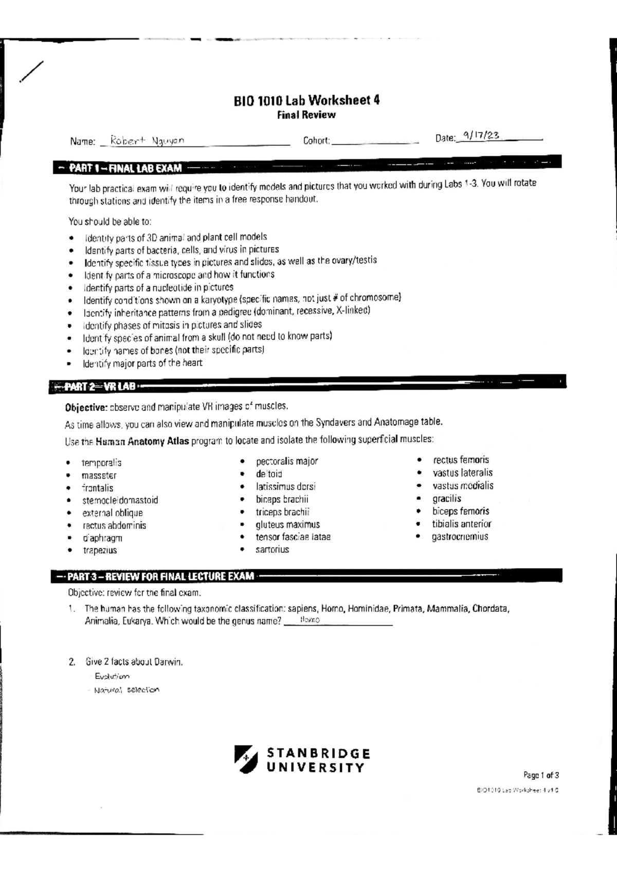 Lab Worksheet 4 - BIO 1010 - Studocu