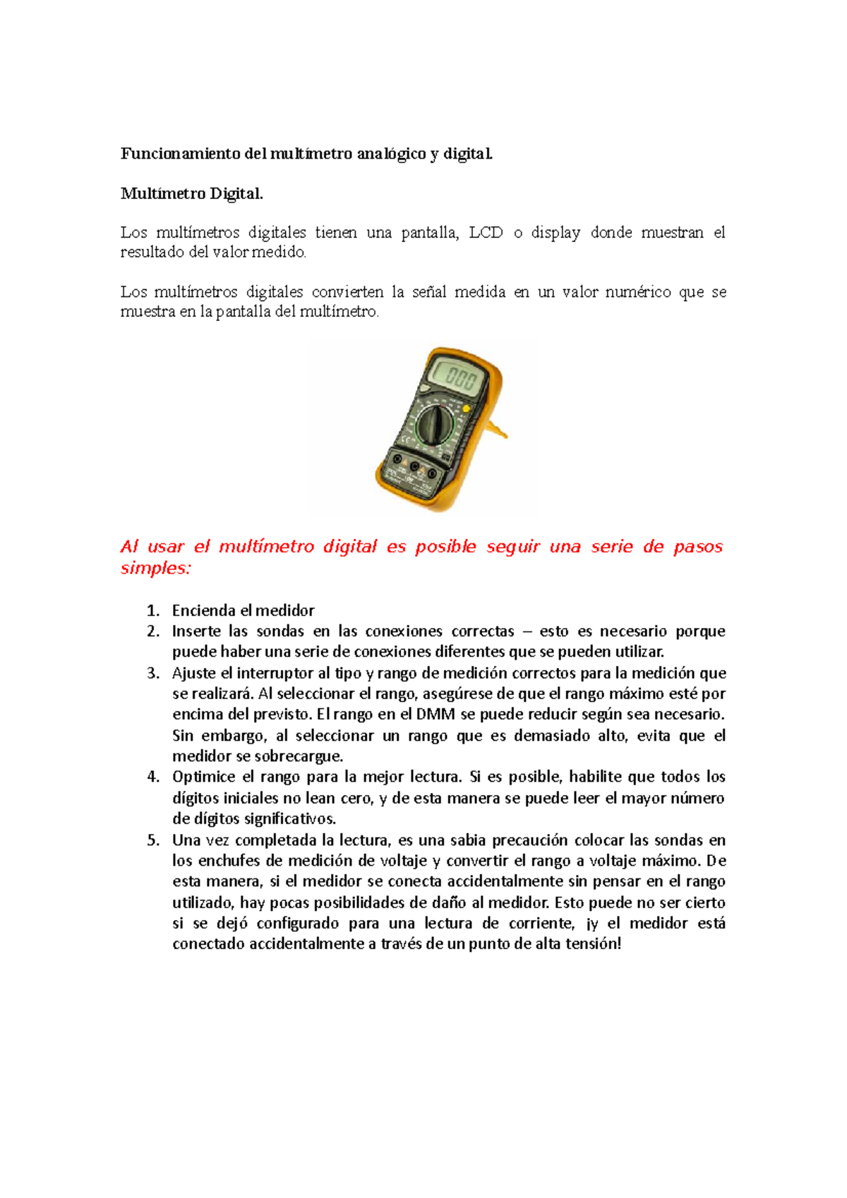 Funcionamiento del multímetro analógico y digital - Multímetro Digital ...